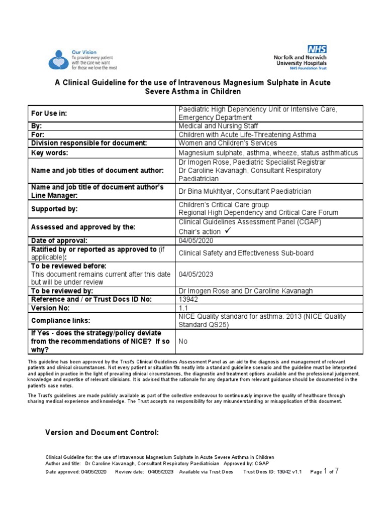 Intravenous Magnesium Sulphate in Acute Severe Asthma in Children ...