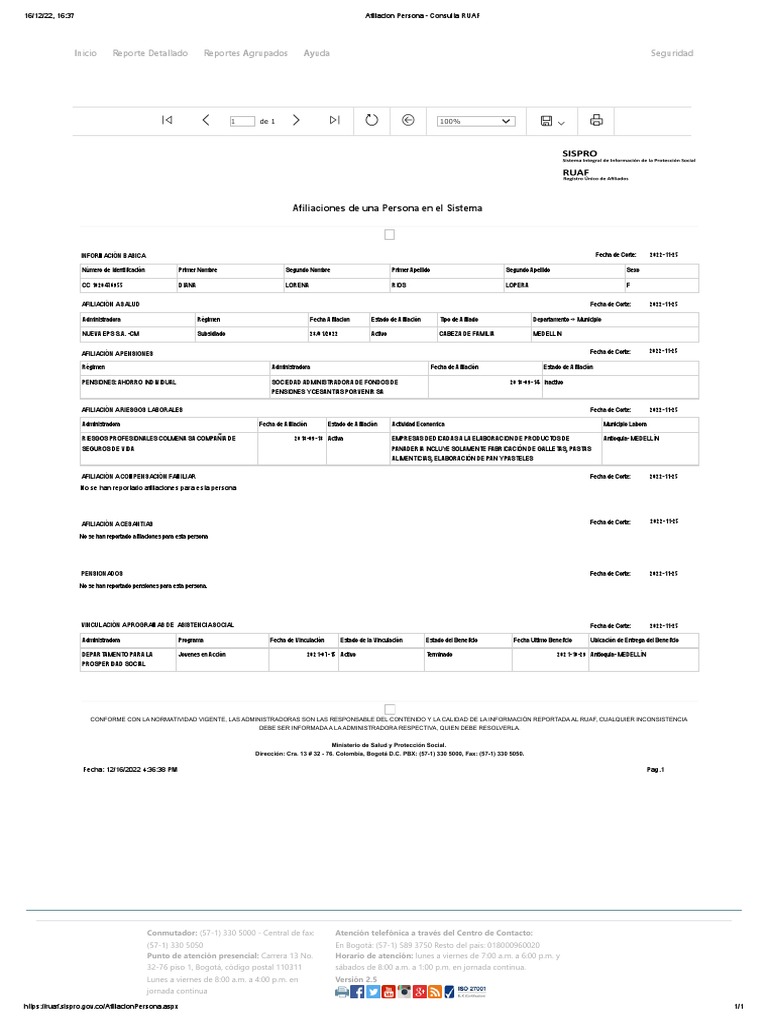 Afiliacion Persona - Consulta RUAF | PDF | Pensión