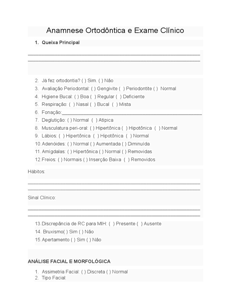 Anamnese Ortodontica e Exame Clínico | PDF | Dente | Especialidades médicas
