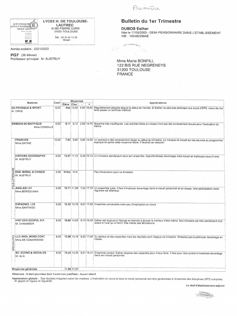 Bulletins Esther DUBOS Première | PDF