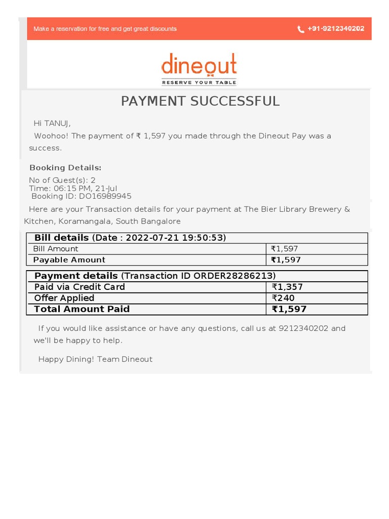 Dineout Payment Advice | PDF