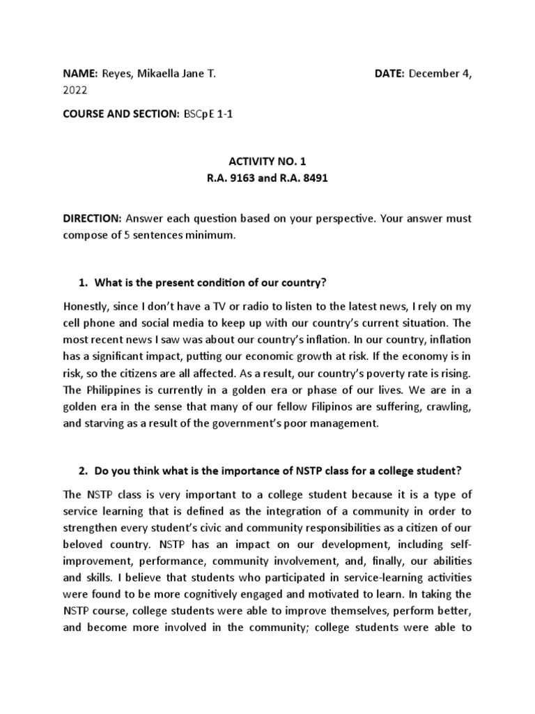 Activity 1 | PDF | Service Learning | Psychological Concepts