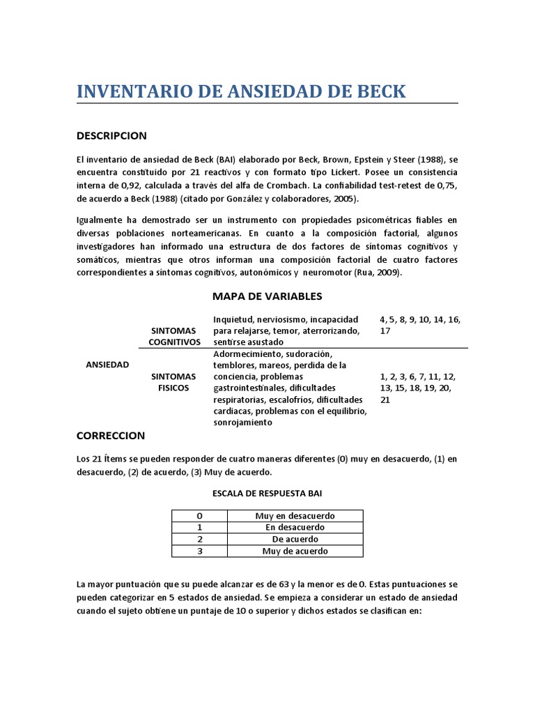 Puntajes del Inventario de Ansiedad de Beck | PDF | Ansiedad ...