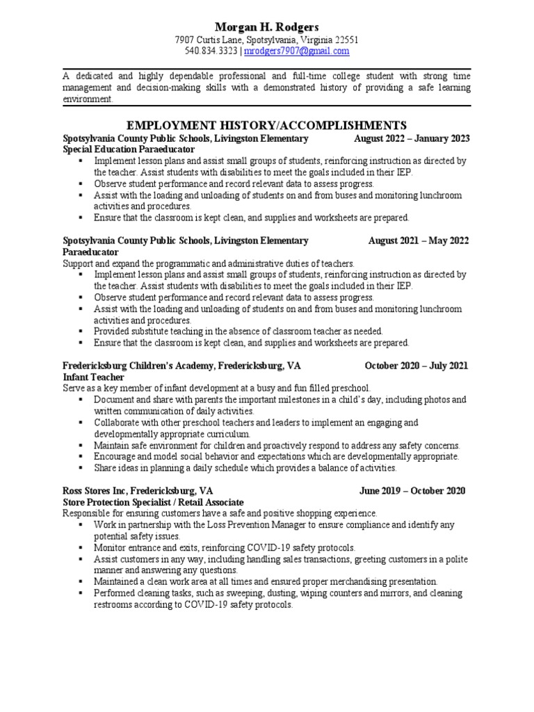 Morgan Rodgers Resume 2022 | PDF | Teachers | Individualized Education ...
