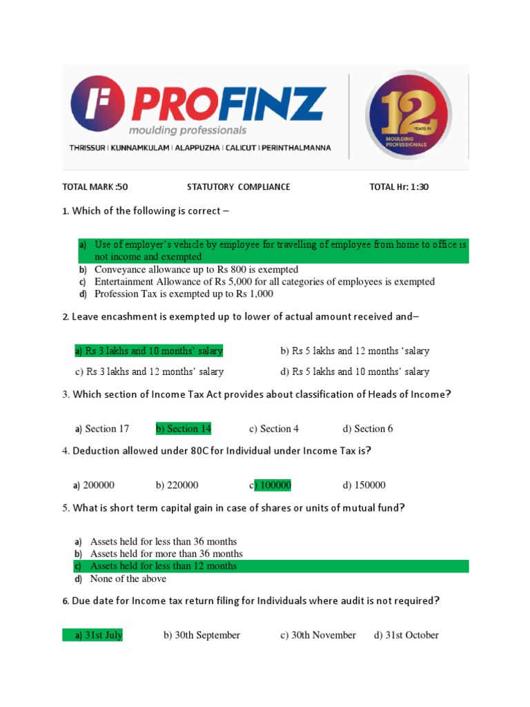 Model Exam Question Paper Statutory | PDF | Capital Gain | Income Tax