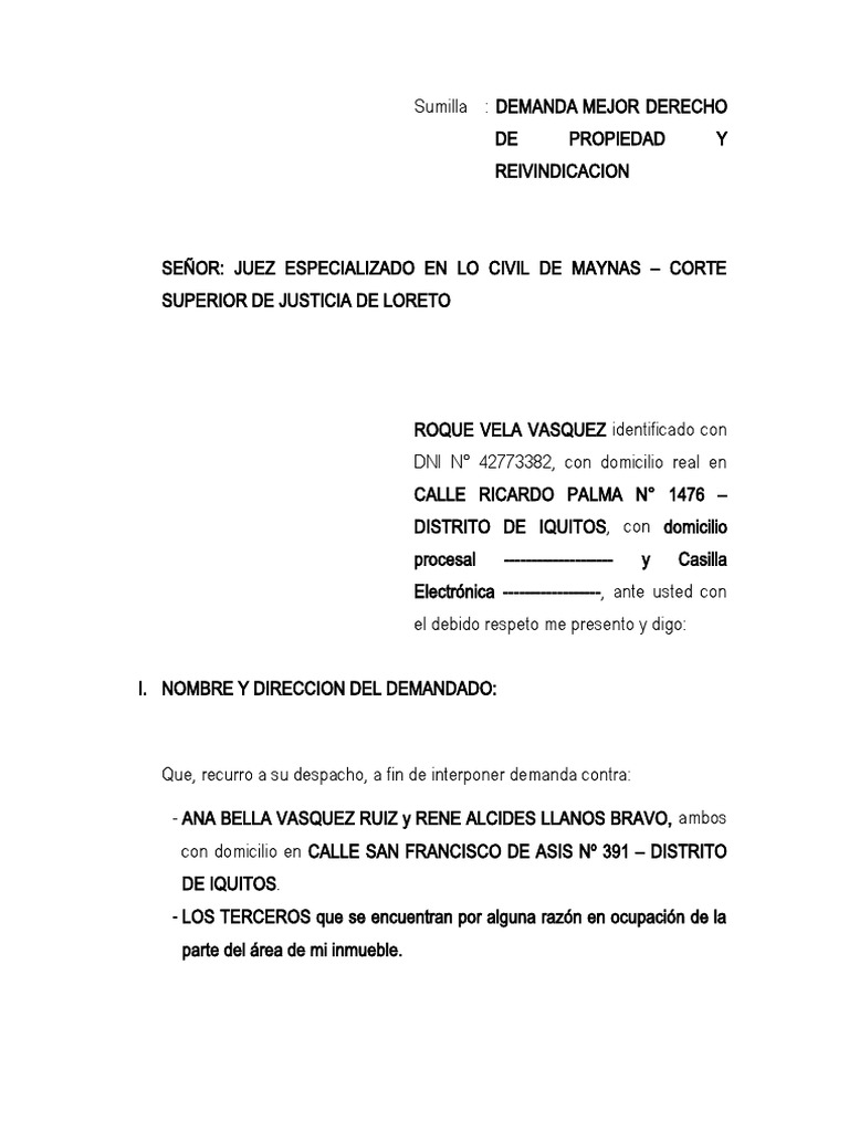 Demanda Mejor Derecho de Propiedad | PDF | Propiedad | Posesión (Ley) Demanda Mejor Derecho de Propiedad | PDF | Propiedad | Posesión (Ley)