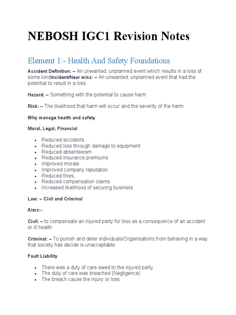 NEBOSH IGC1 Revision Notes | PDF | Occupational Safety And Health ...