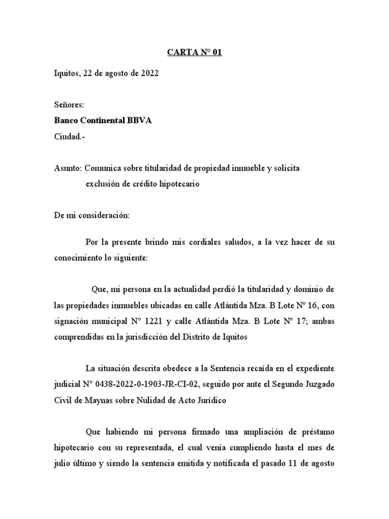 Carta Al Banco Continental Martín López | PDF