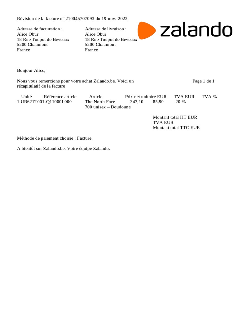 Facture Zalando n° 210045707093 | PDF