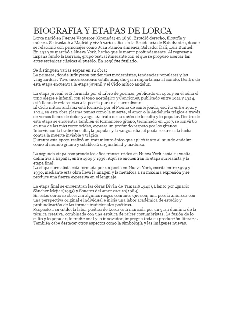 Biografia y Etapas de Lorca | PDF | Federico García Lorca | Las artes