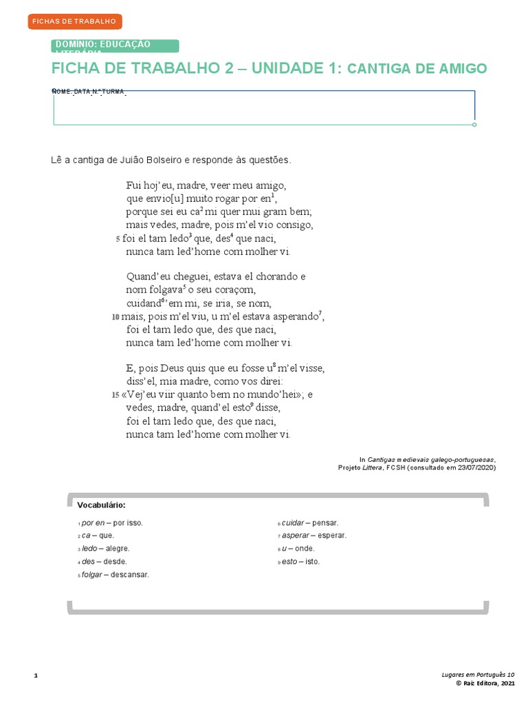 Cantiga de Amigo - Ficha | PDF