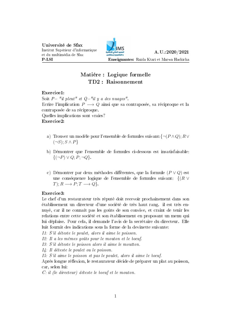 Matiére: Logique Formelle TD2: Raisonnement | PDF | Logique | Déduction ...