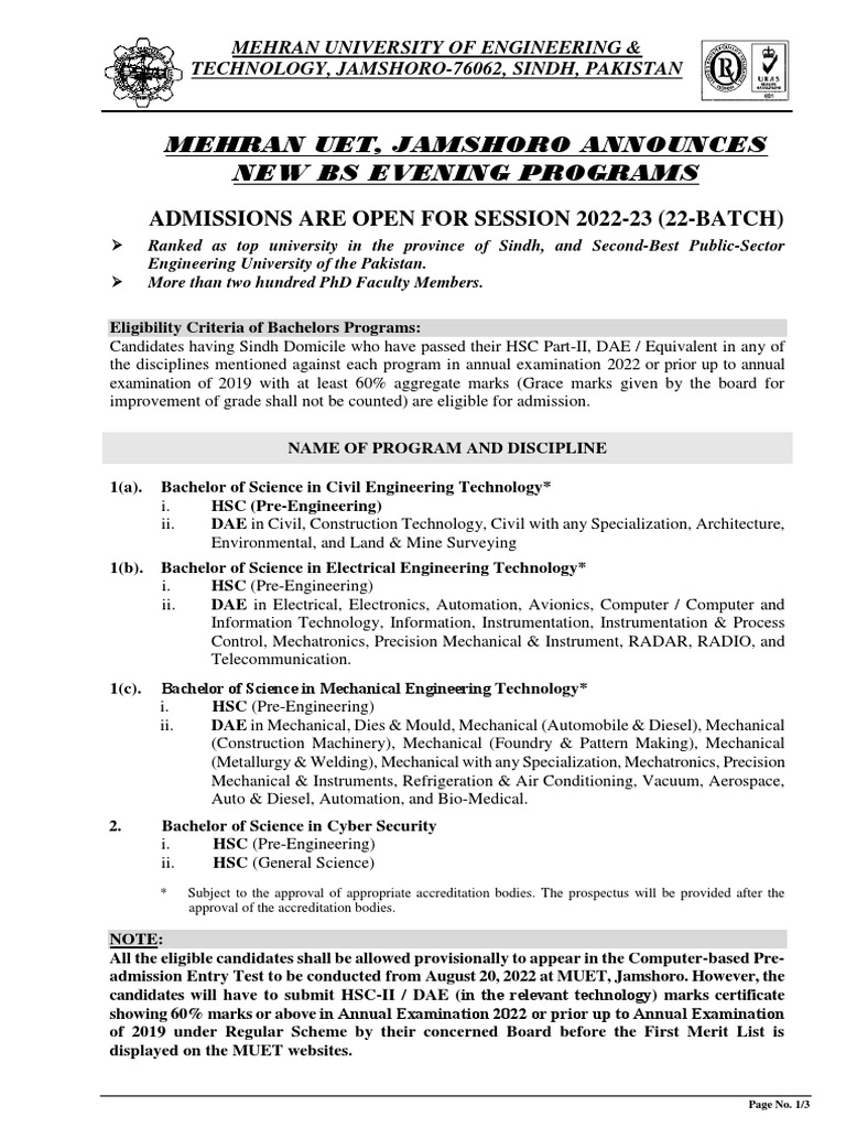 05-08-2022-Adm. Adv. of MUET, Jam. For AS 2022-23 (22-Batch) (For New Programs) | PDF ...