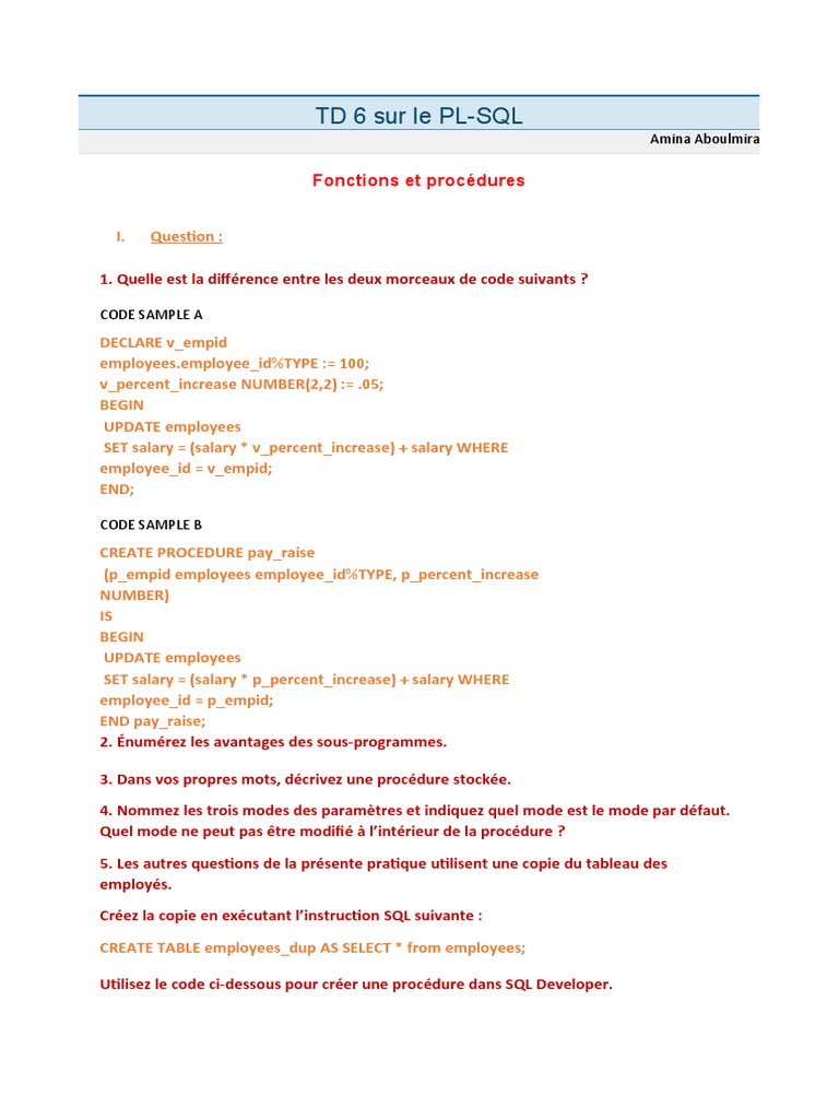 TD 6 - Procédures Et Fonctions | PDF | PL/SQL | SQL