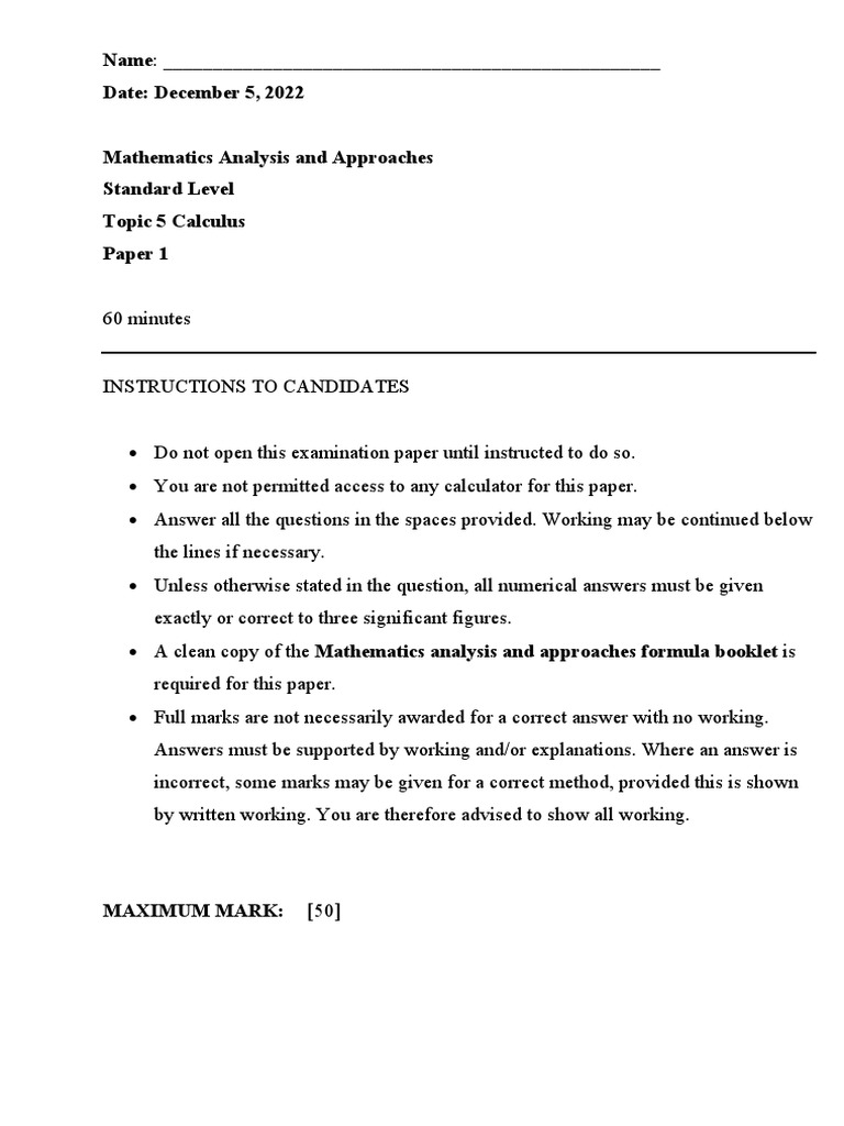 Calculus - Paper 1 Test IB Type | PDF | Tangent | Length