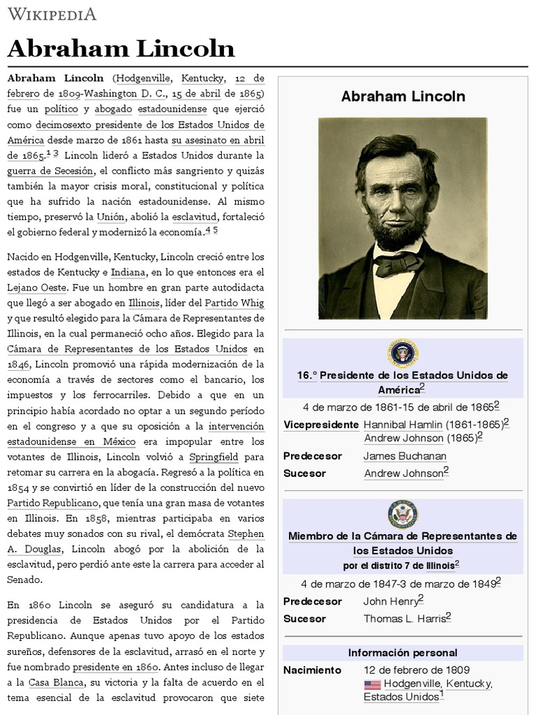 Abraham Lincoln - Wikipedia, La Enciclopedia Libre | PDF | Abraham ...