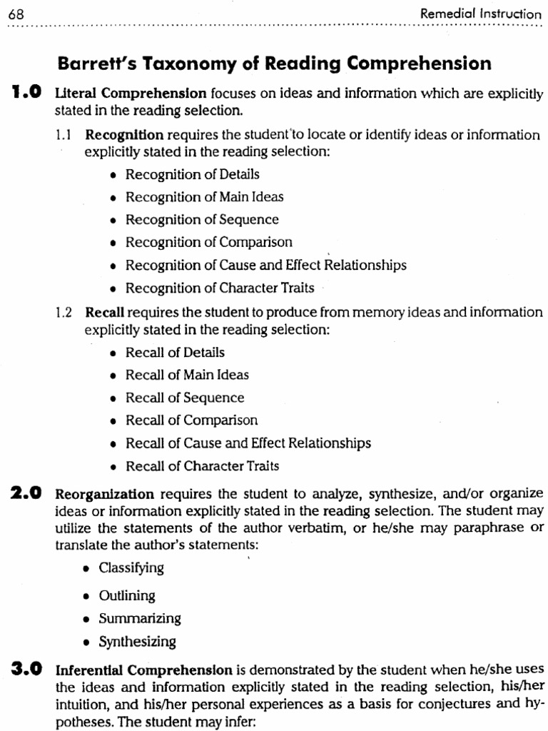 Barrett's Taxonomy of Reading Comprehension | PDF