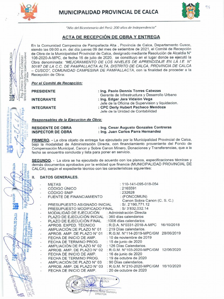 Acta de Recepción - Pampallacta | PDF