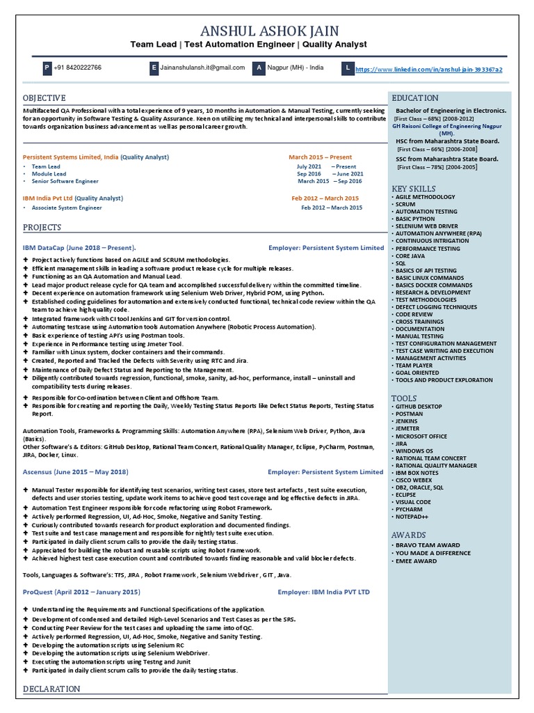 CV AnshulJain SoftwareTestAutomation | PDF | Selenium (Software ...