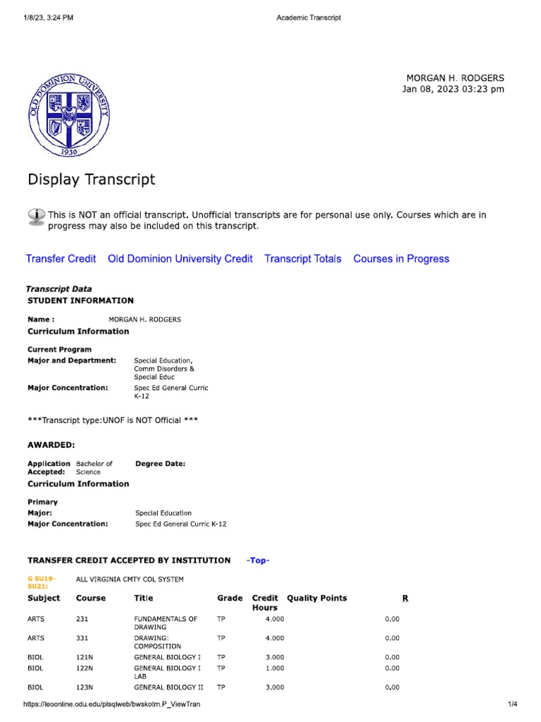 Unoficial Transcript | PDF