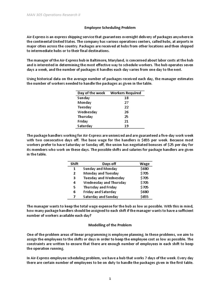 MAN305 Employee Scheduling Problem | PDF | Employment | Applied Mathematics