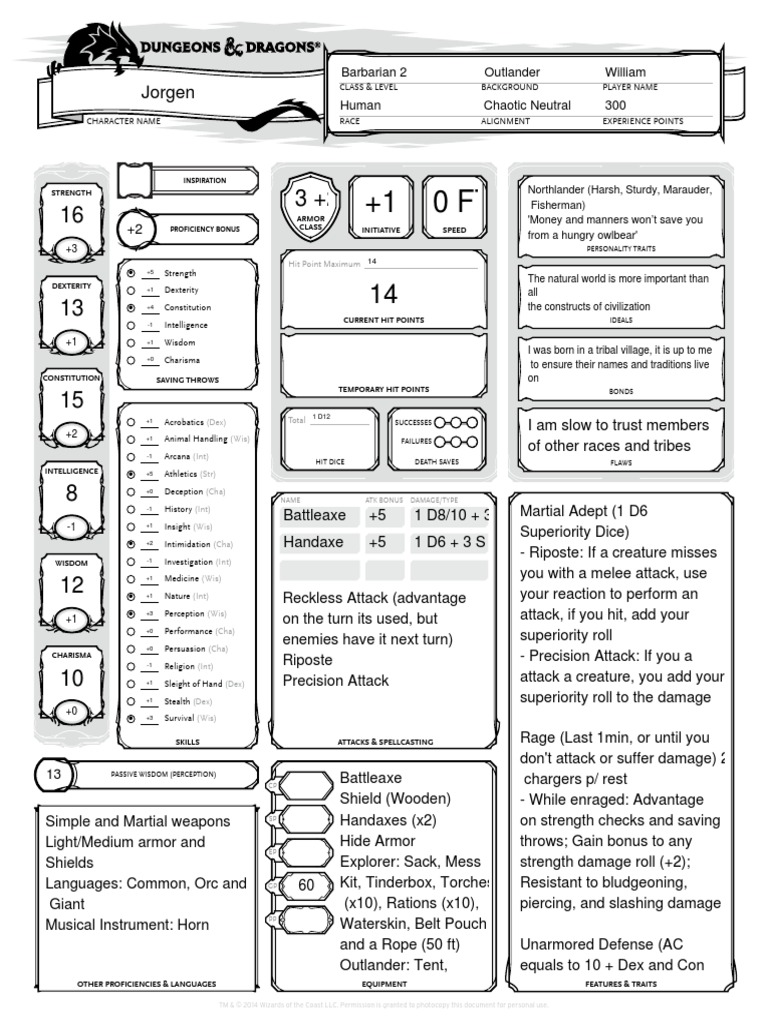 Character Sheet - Barbarian | PDF | Dungeons & Dragons | Fantasy Role ...