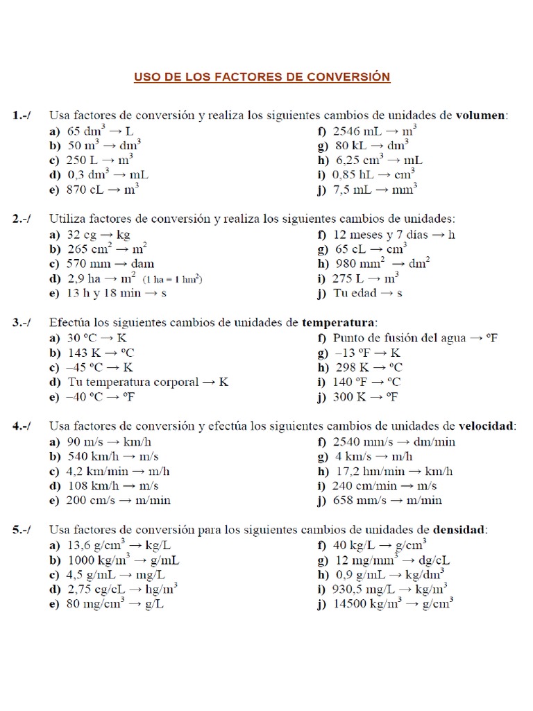 Cambio de Unidades Factores de Comversion Ejercicios | PDF