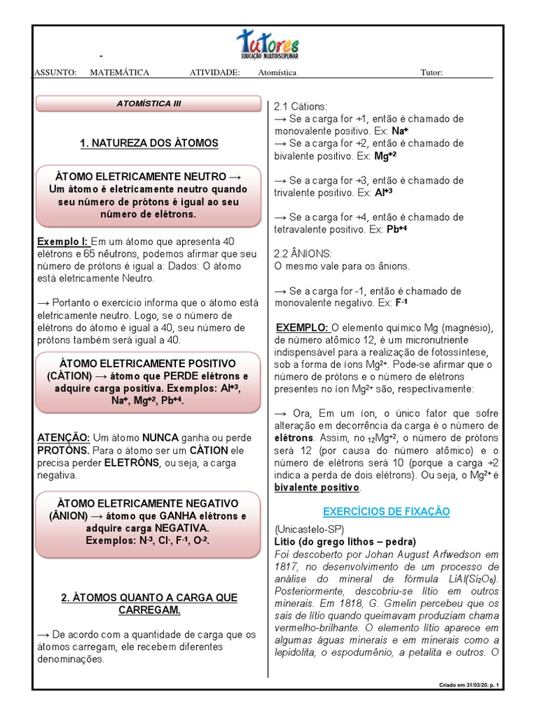Cátions e Ânions | PDF | Lítio | Próton