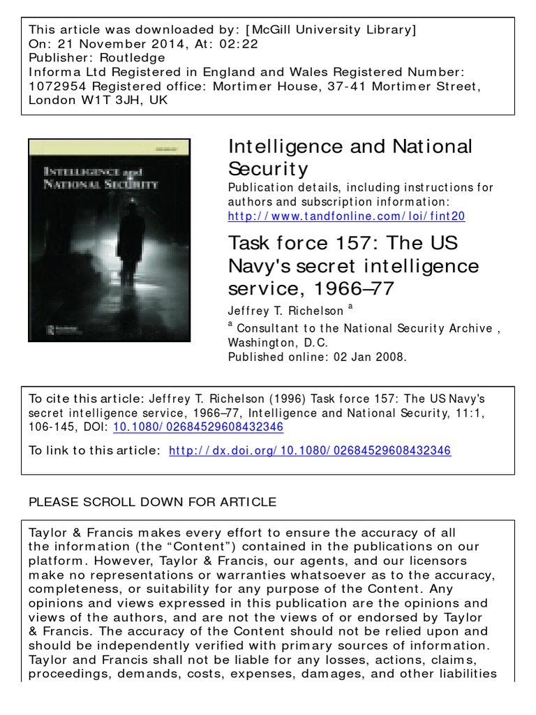 Task Force 157: The US Navy Secret Intelligence Service 1966-77 (1996 ...