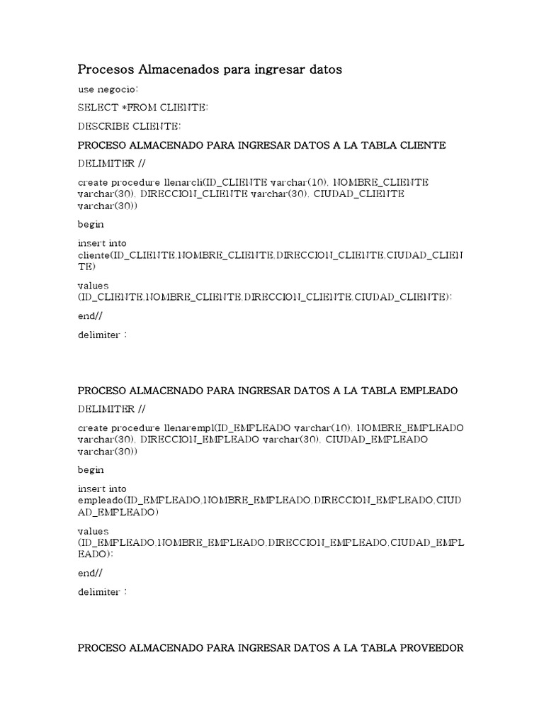 Procesos Almacenados para Ingresar Datos | PDF