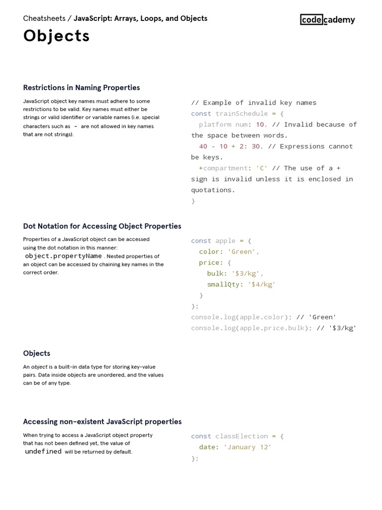 Javascript Arrays Loops And Objects Objects Cheatsheet Codecademy Pdf Java Script 6112