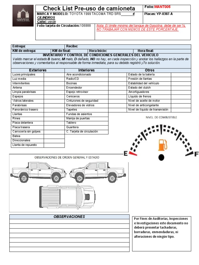 Checklist de inspección pre-uso de camioneta Toyota 1999 | PDF ...