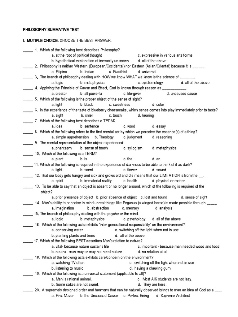 IPHP Summative Test | PDF | Experience | Metaphysics
