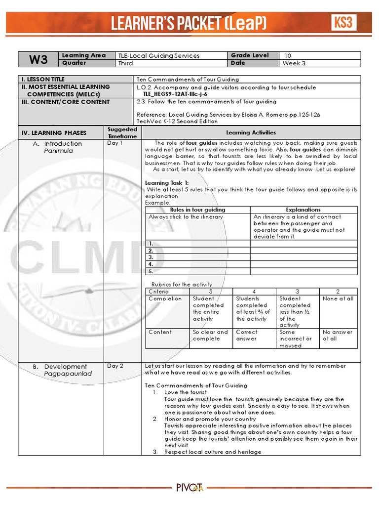 TLE10 HE Local Tour Guiding Q3 W3 LeaP | PDF | Learning | Cognitive Science