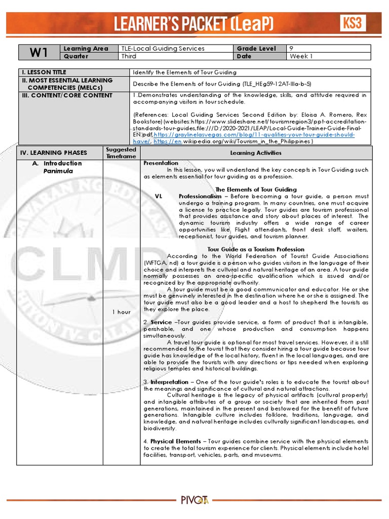 TLE9 HE Local Tour Guiding Q3 W1 LeaP | PDF | Tourism | Cultural Heritage