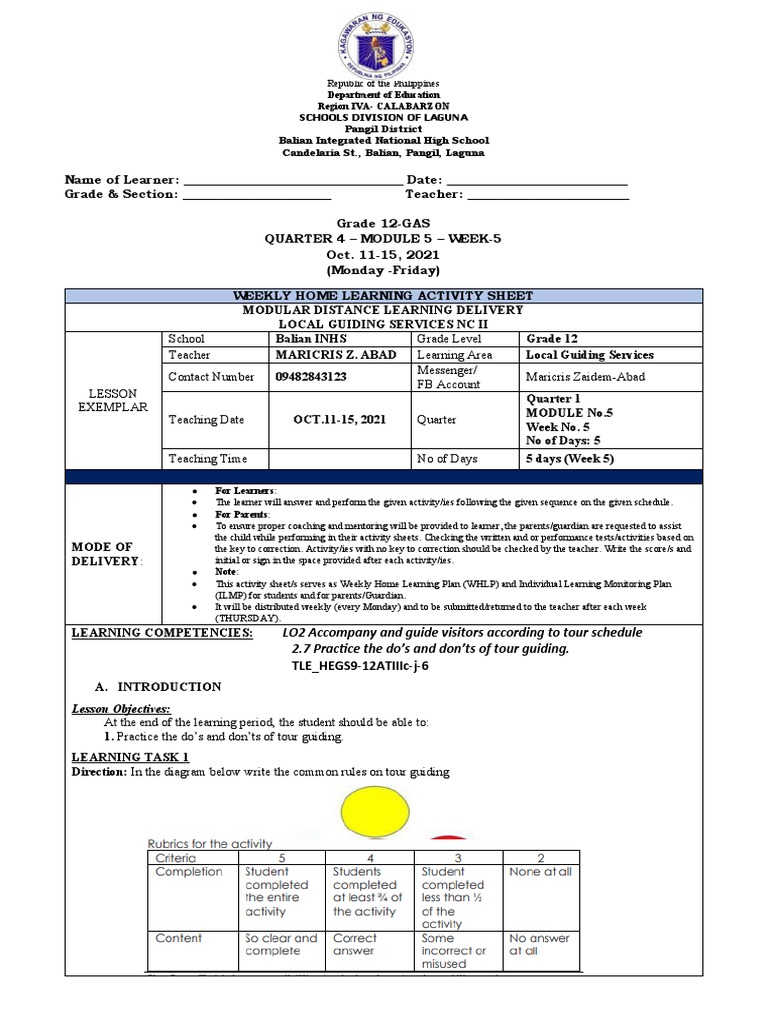 LAS Q1 W5 LOCAL GUIDING SERVICES MZAbad | PDF | Teachers | Guide Book