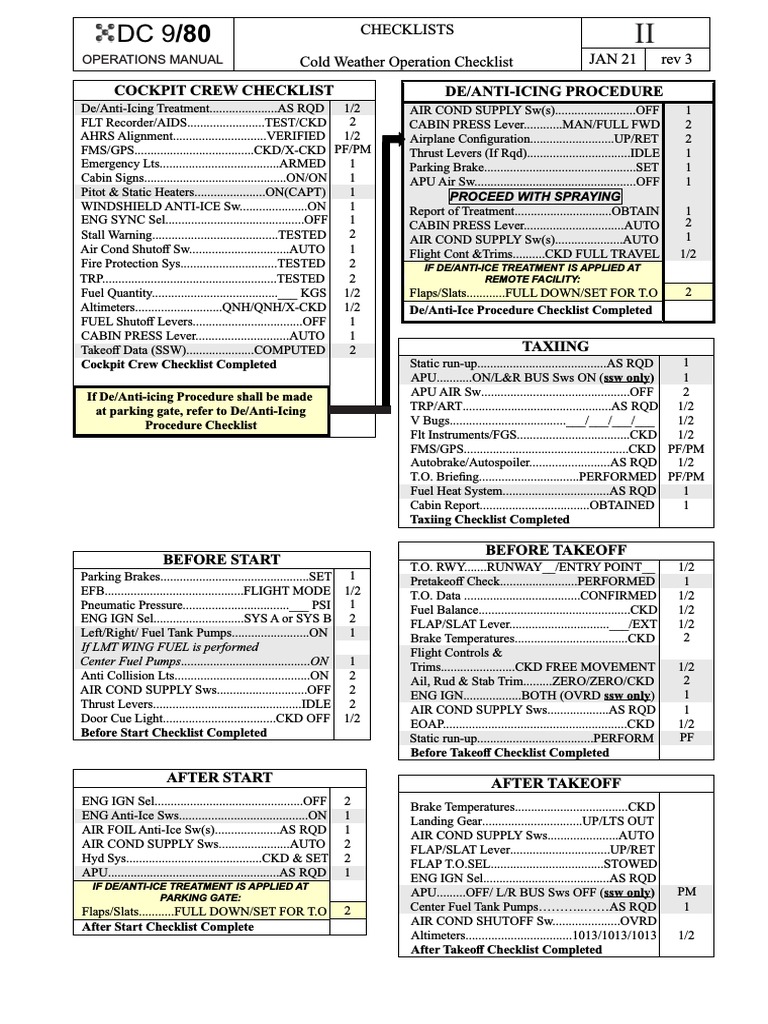 Cold Weather Operation Checklist | PDF | Aircraft | Transport