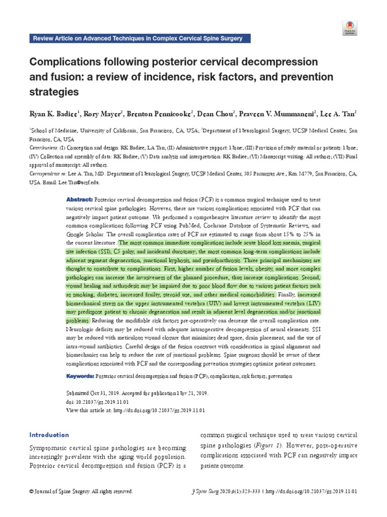 Complications Following Posterior Cervical Decompression And Fusion Pdf