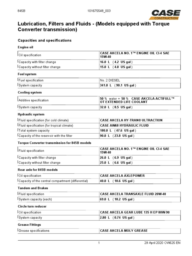 Case 845B - Fluids Specification | PDF | Motor Oil | Axle