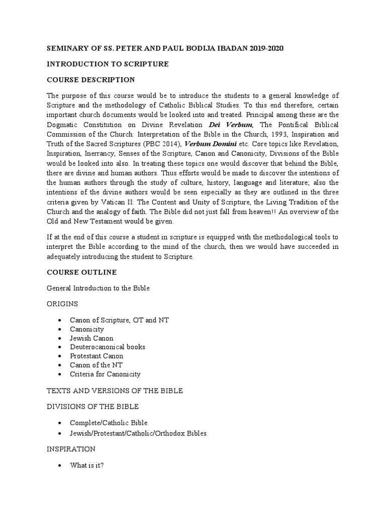 Course Outline Intro To Scripture | PDF | Bible | Biblical Canon