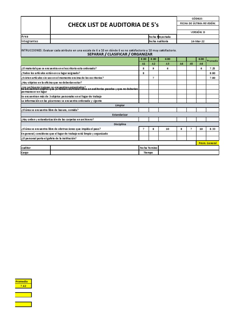Check List Auditoria 5s Excel Gratis