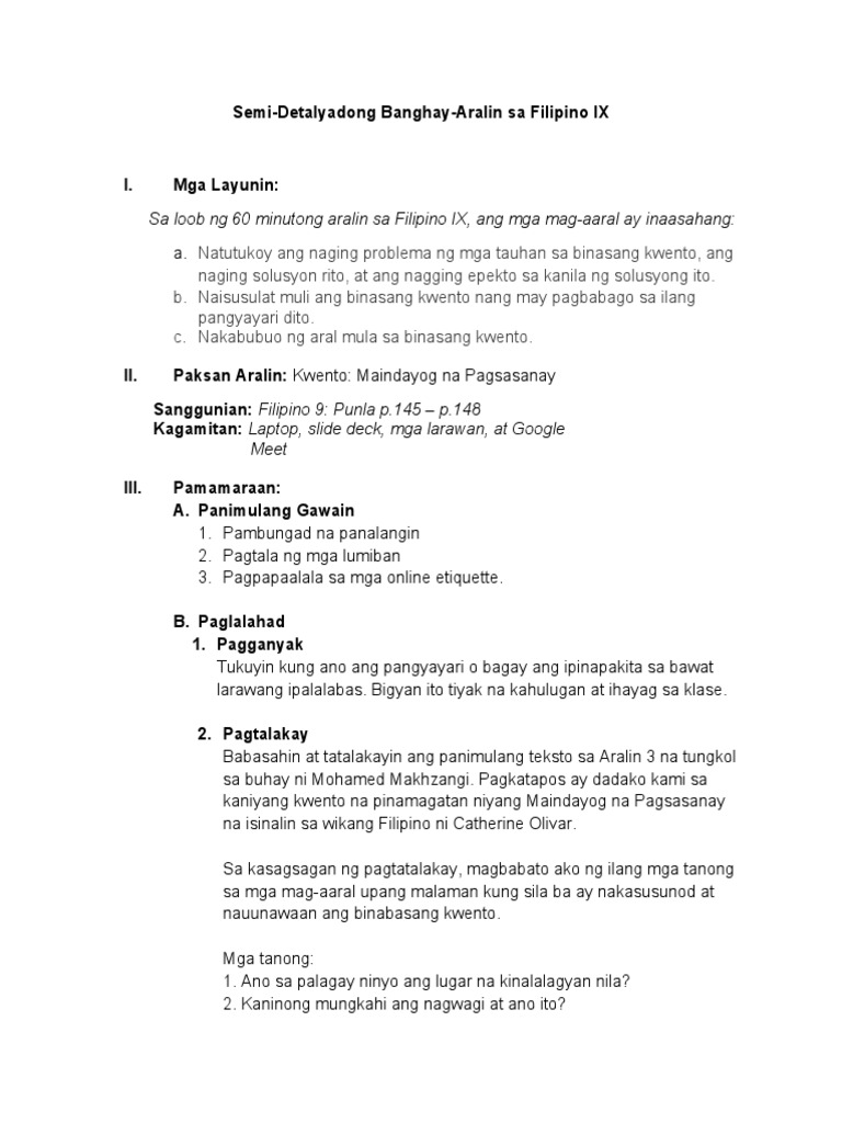 03 16 22 Semi Detalyadong Banghay Aralin Sa Filipino IX | PDF