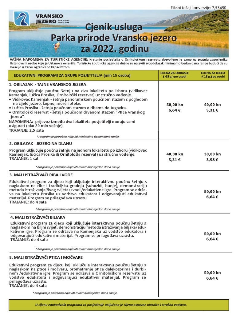 Vransko Jezero Cjenik | PDF