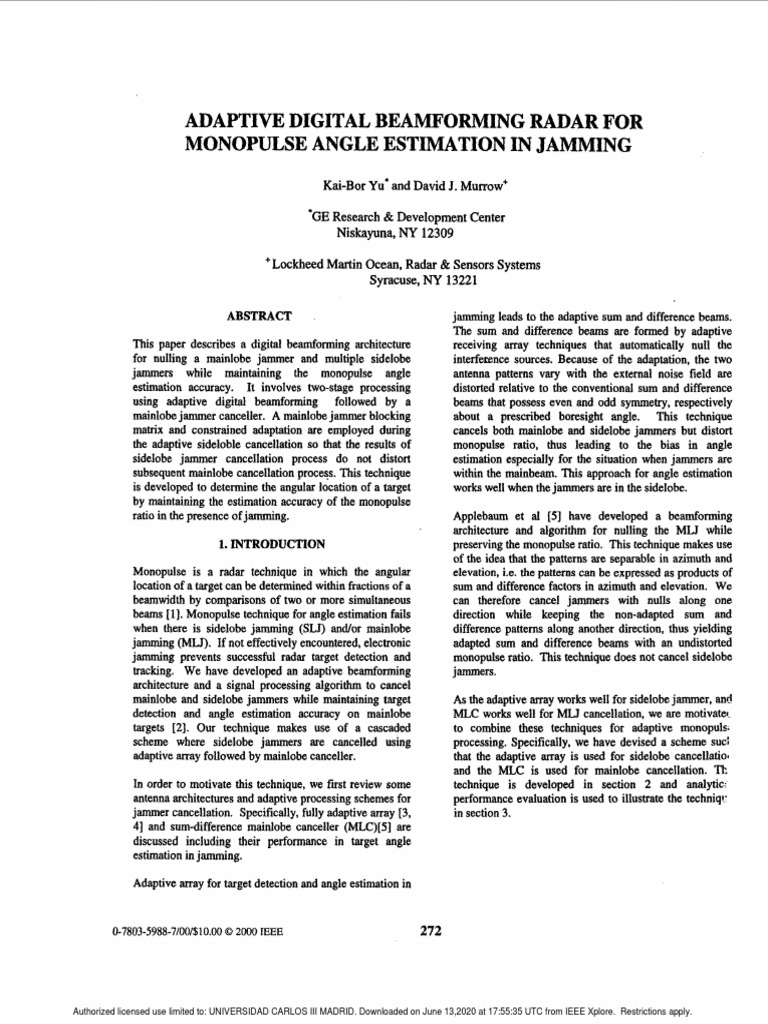 Adaptive Digital Beamforming Radar For Monopulse Angle Estimation in Jamming | PDF | Radar ...