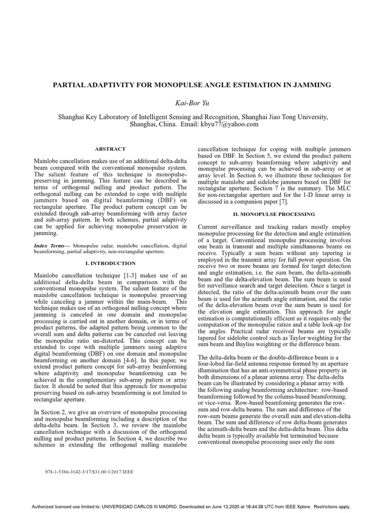 Partial Adaptivity For Monopulse Angle Estimation in Jamming | PDF | Electronics | Wireless