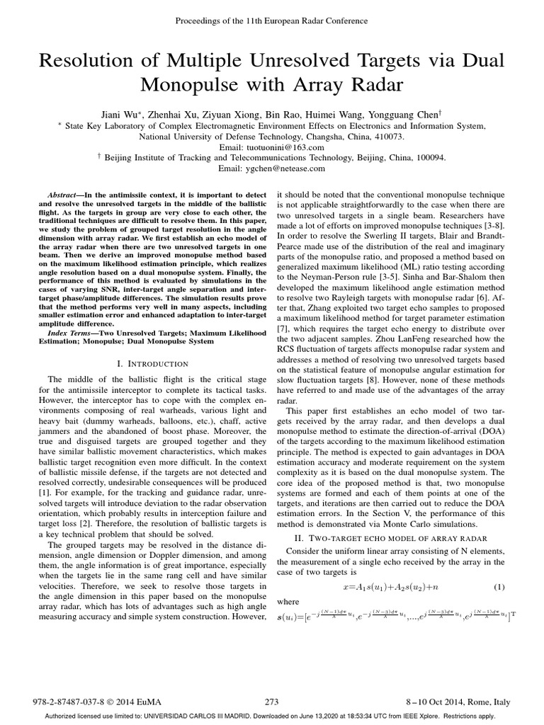 Resolution of Multiple Unresolved Targets Via Dual Monopulse With Array Radar | PDF | Radar ...
