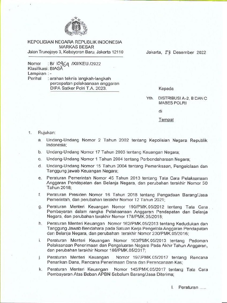 Surat Kapolri Nomor - B - 10964 - XII - KEU. - 2023 TTG Arahan Teknis Lngkh2 Percepatan Laks ...