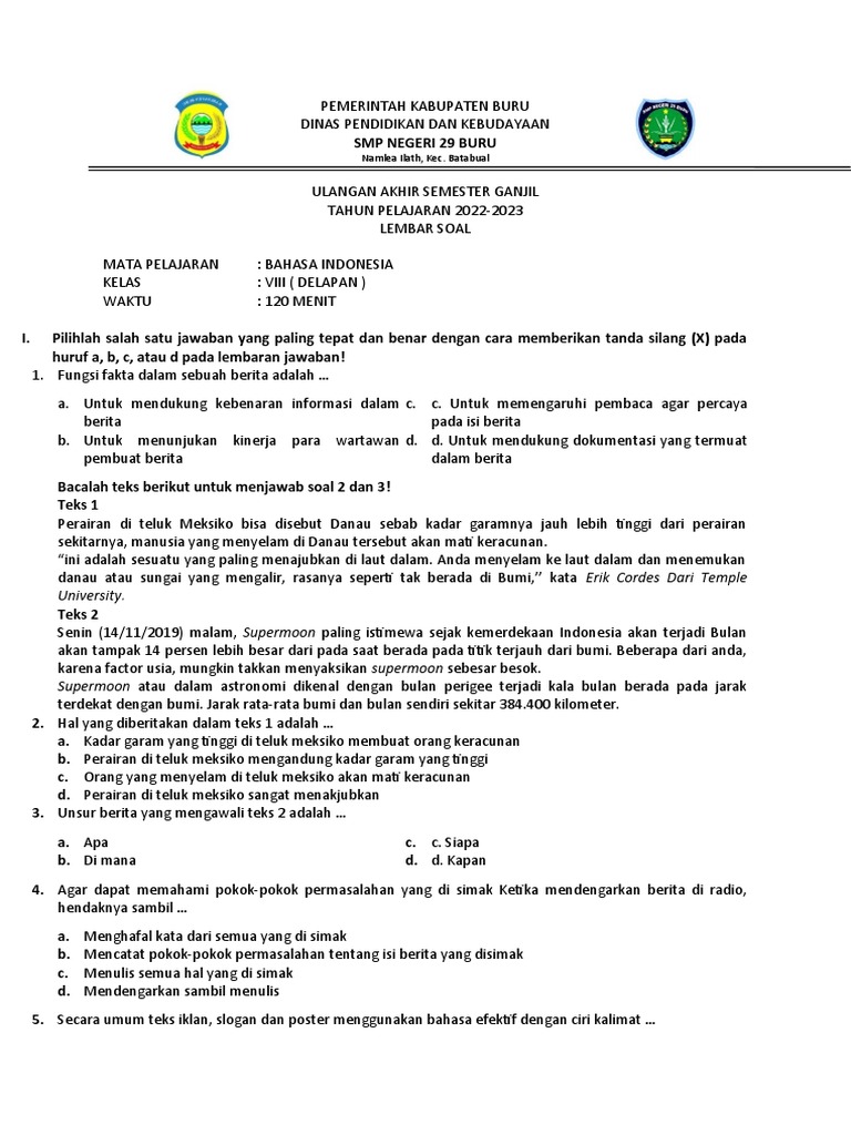 Soal UAS Bahasa Indonesia Kelas 8 | PDF