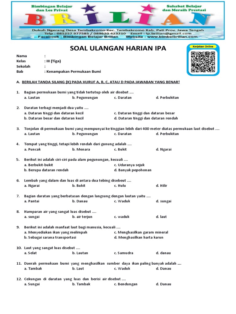 Soal IPA Kelas 3 SD Bab 11 Kenampakan Permukaan Bumi Dan Kunci Jawaban ...