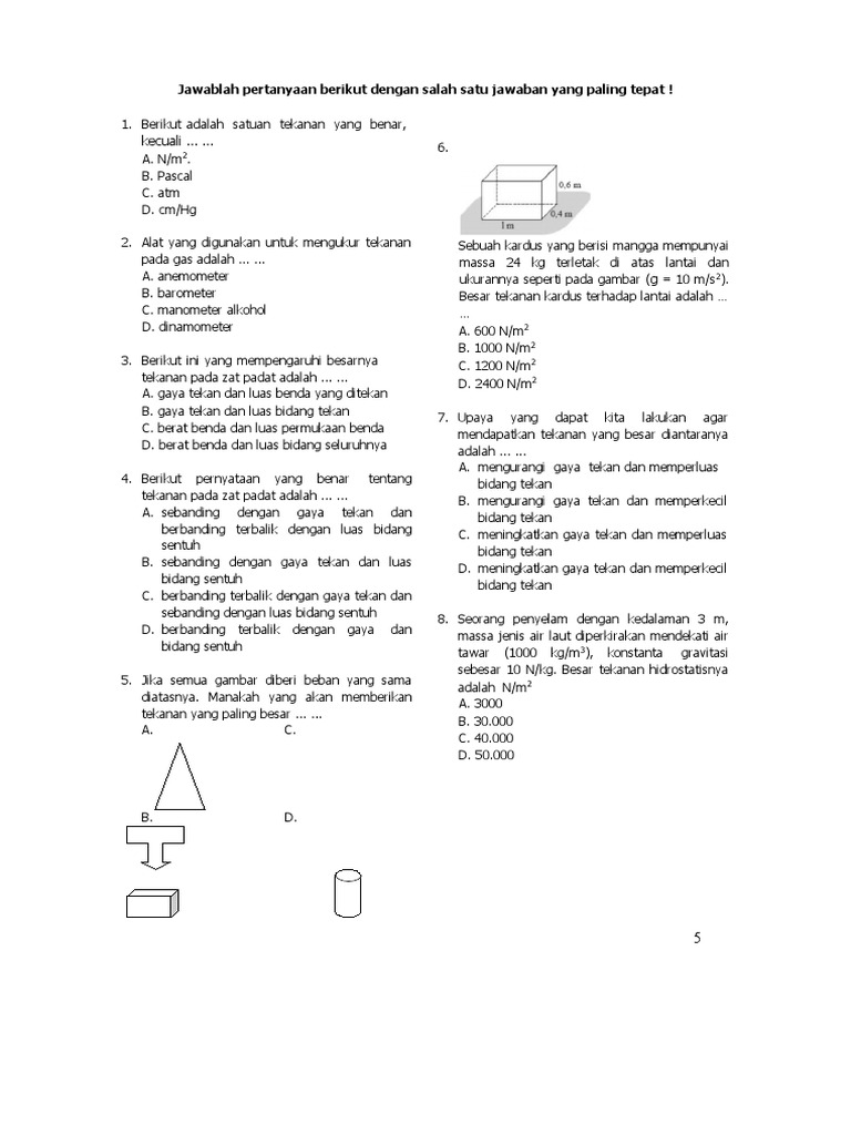 Ipa Bab 7 Latihan Soal 2 Tekanan Zat | PDF | Sains & Matematika